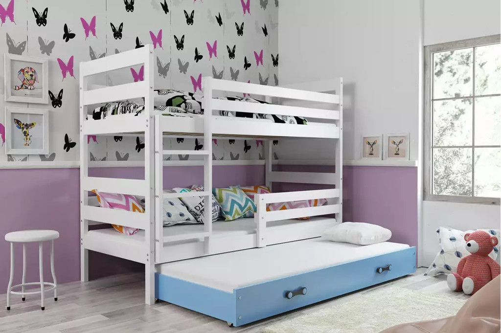 Gyerek emeletes ágy ERYK kihúzható ággyal 90x200 cm - fehér Kék - SG Butor